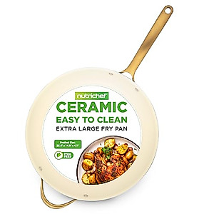 NutriChef 14-Inch Professional Ceramic Frying Pan - Extra-Large Skillet with Golden Titanium Handle, Non-Stick Ceramic Coating, Stain-Resistant, Easy to Clean, Ideal for Home Cooking