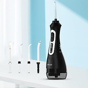 Beantech SEAGO 200 Milliliter Rechargeable Black Cordless Portable Water Flosser Dental Oral Irrigator for Teeth, 5 Jet Tips, IPX7 Waterproof, Powerful Battery Life, for Home and Travel, (SG-833BLK)