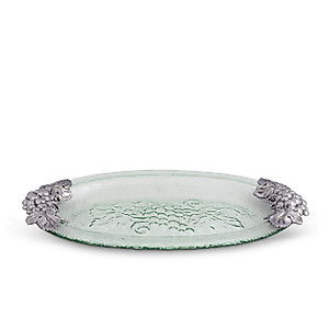Arthur Court Clear Glass Food Tray Platter with Grape Handle in Sand Casted Aluminum with Artisan Quality Hand Polished Designer 20 inch x 11.5 inch