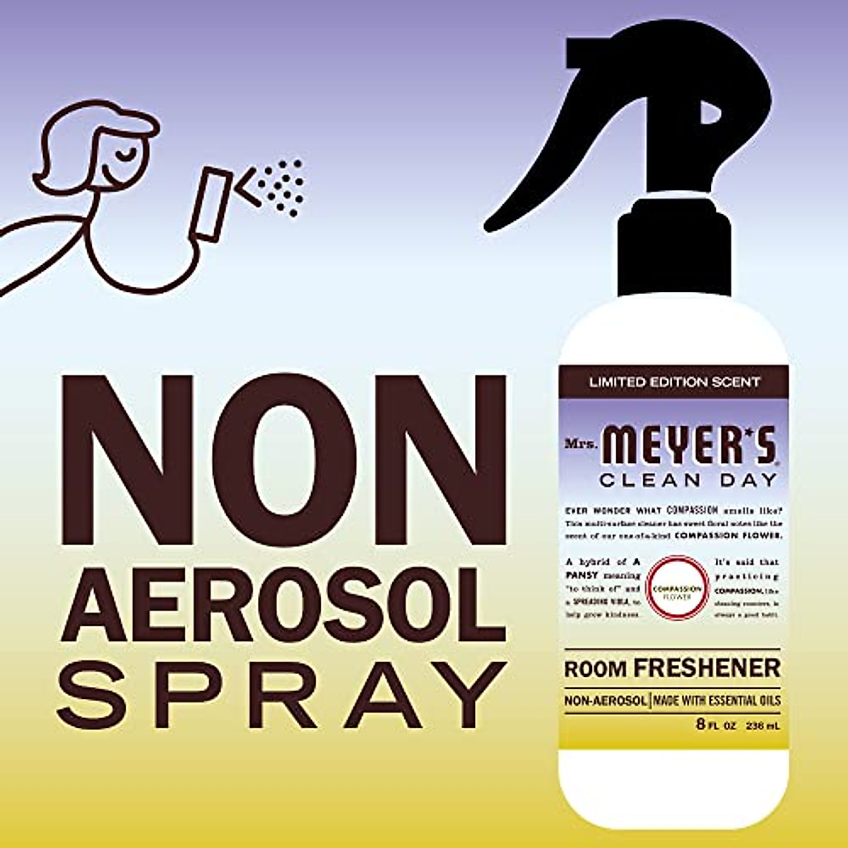 MRS. MEYER'S CLEAN DAY Room and Air Freshener Spray, Non-Aerosol Spray Bottle Infused with Essential Oils, Compassion Flower, 8 fl. oz - Pack of 3