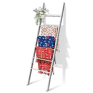 6-Tier Blanket Ladder Wooden, 5.7FT(66.5'') Blanket Quilt Towel Holder Rack Decorative Ladder, Easy Assembly, Rustic Farmhouse Ladder Shelf for The Living Room Bedroom Bathroom Home Decor, White Wash