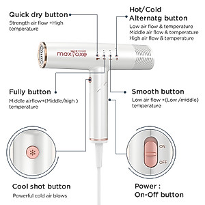 Maxfoxe Hair Dryer for Women, Blow Dryer Set 9 Modes Foldable Ionic Professional High Speed Fast Drying Brushless Compact Blower Magnetic Concentrator Nozzle Diffuser Attachment for Home,Hotel,Salon