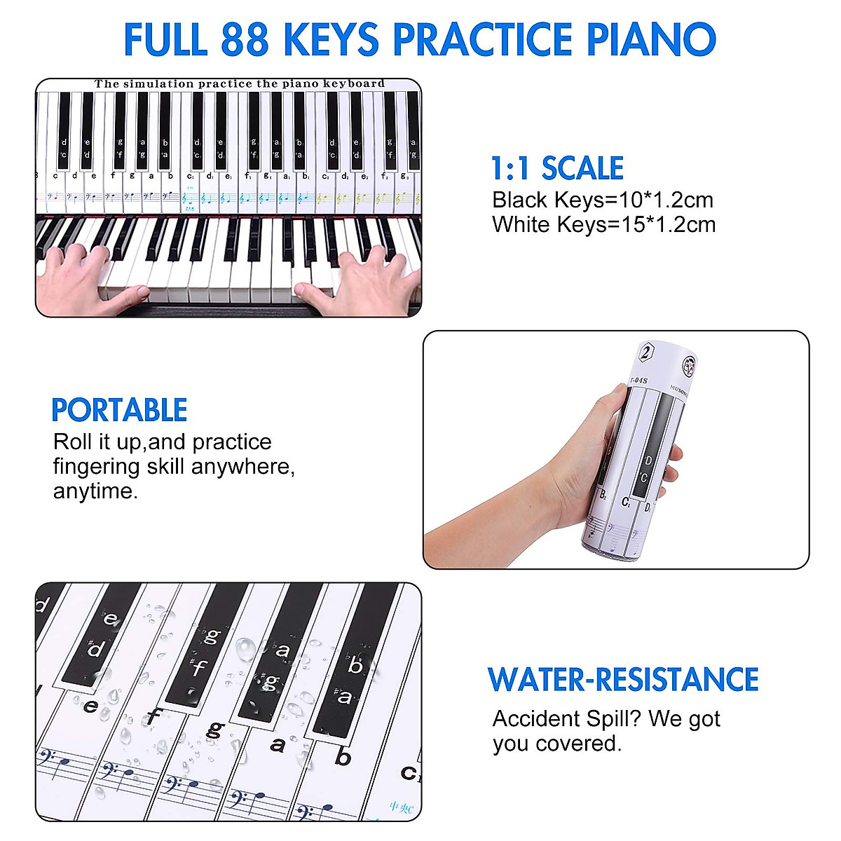 BENBO 88 Key Keyboard Piano Finger Simulation Practice Guide Teaching Aid Note Chart with 1 Music Book Clip, Portable Waterproof Electronic Piano Exercise Cardboard for Beginner Student