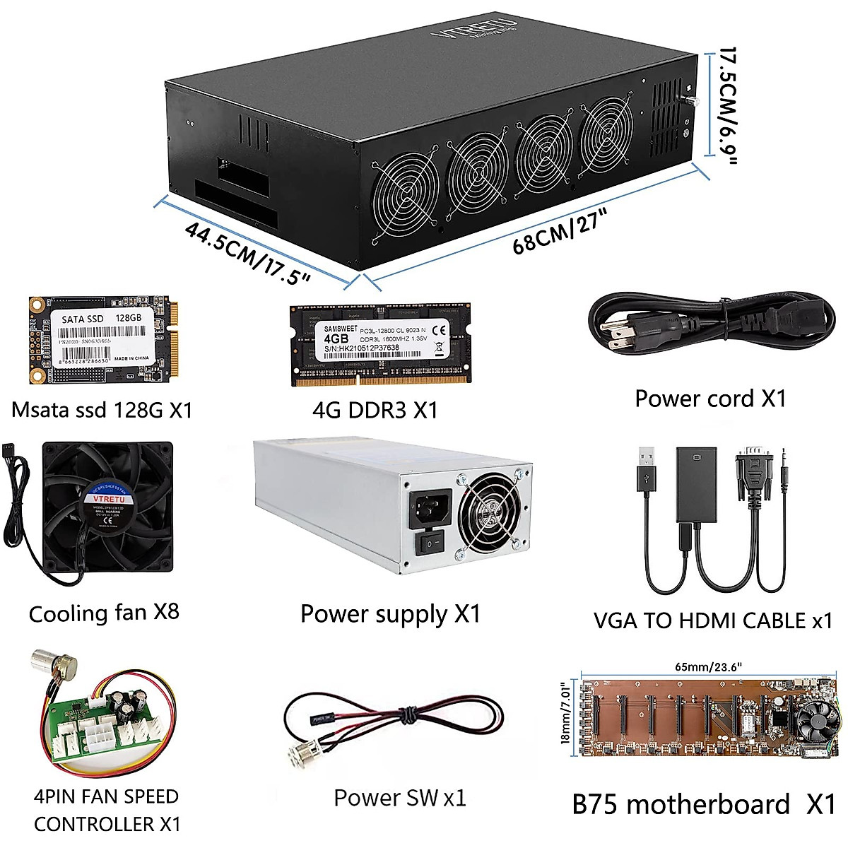VTRETU Ethereum GPU Mining Rig with 8 GPU Mining Motherboard and 2000W Power Supply（110-264V） 8 Cooling Fans for Crypto Mining Rig Complete ETH Miner (Excluding GPU), black (V01)