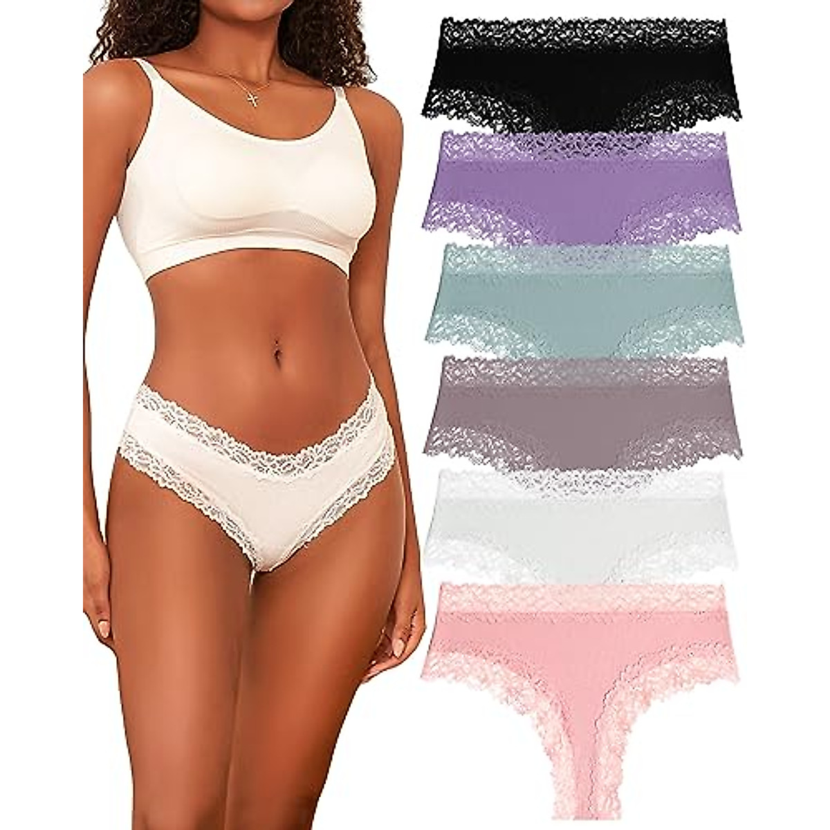 FINETOO Womens Cotton Underwear Sexy Lace Hipster Panties Soft Breathable Cotton Brazilian Bikini Ladies 6 Pack(6BM)