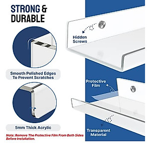 CIVIFY Acrylic Shelves for Wall - 15" Pack of 3 - Clear Shelves with Installation Kit & Covers to Hide Screws - Decoration & Storage Funko Pop Shelves for Kids Room, Bathroom & Kitchen