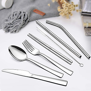 LIANYU 2 Pack Travel Silverware Set, 18-Piece Portable Utensils Flatware Set with Blue and Pink Case Bag, Reusable Cutlery Set for School Office Camping, Dishwasher Safe