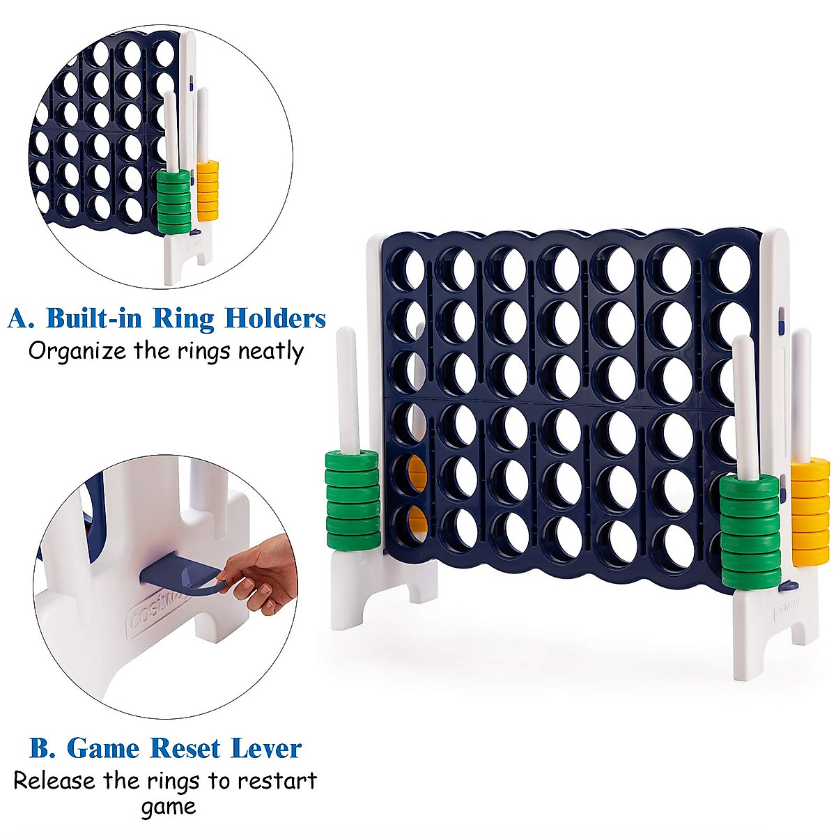 COSTWAY Jumbo 4-to-Score Giant Game Set, 4 in A Row for Kids and Adults, 3.5FT Tall Indoor & Outdoor Game Set with 42 Jumbo Rings & Quick-Release Slider, Perfect for Holiday Party & Family Game