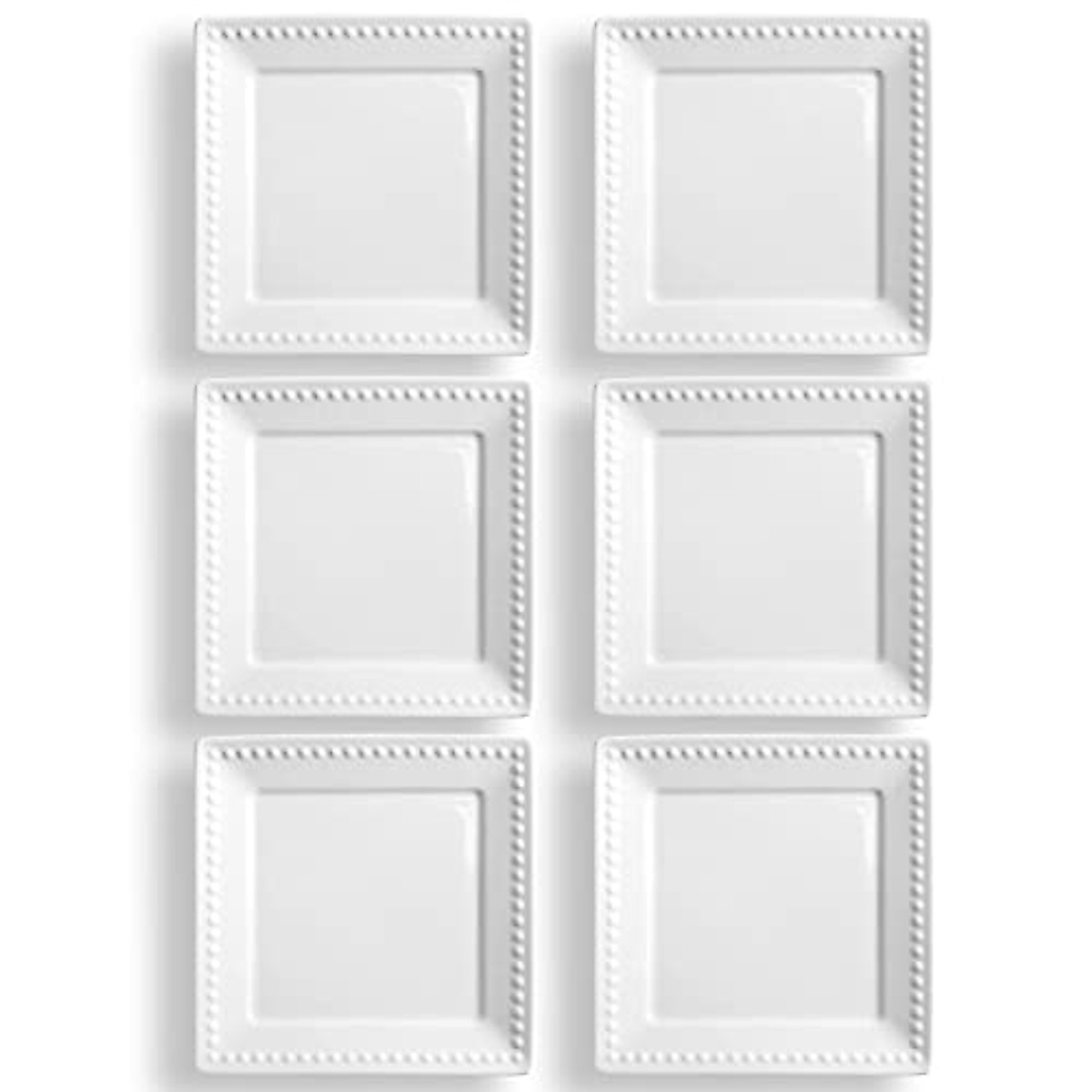Wareland Bright White Embossed Dots Square Dessert Plates Set of 6, Ultra-fine Porcelain 6 inch Appetizer Plates, Farmhouse Salad Plates Set for Sides, Dessert, Snack, Small Heavy Duty Dinner Plates