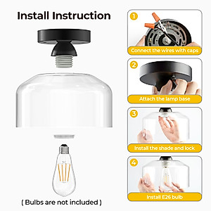 Semi Flush Mount Ceiling Light - Clear Glass Pendant Lamp Shade, Matte Black Finish, Modern Farmhouse Light Fixture for Hallway Corridor Kitchen Entryway Bedroom, Bulb Not Included