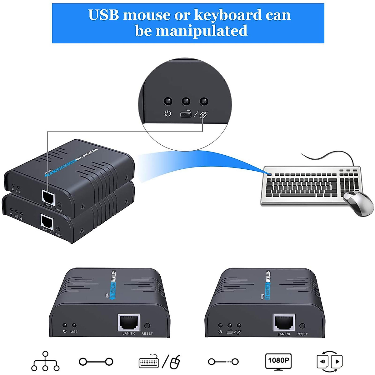 AGPTEK USB HDMI KVM Extender Over Single Cat 5/5E/6/7 Ethernet Cable- Signal Extension Up to 120m/365Ft- USB Keyboard Mouse Support- Adapter for Residential/Commercial Use
