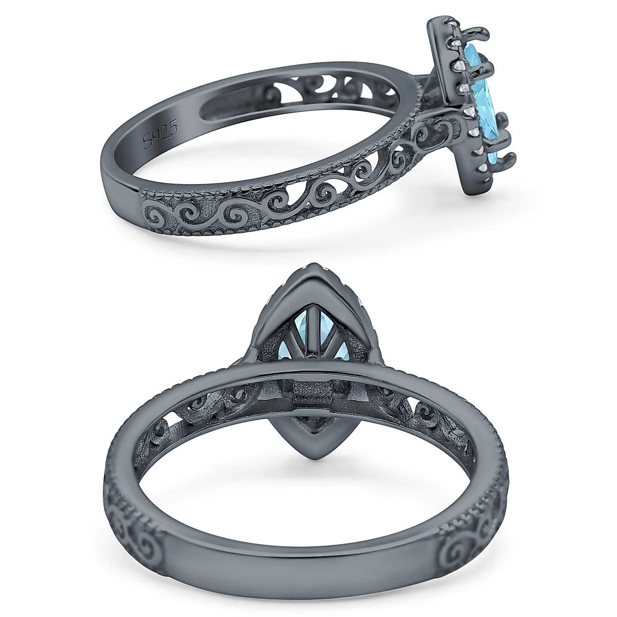 OMRANII Black Tone, Simulated Aquamarine CZ Size-10 Halo Art Deco Bridal Wedding Engagement Ring Marquise Round CZ 925 Sterling Silver