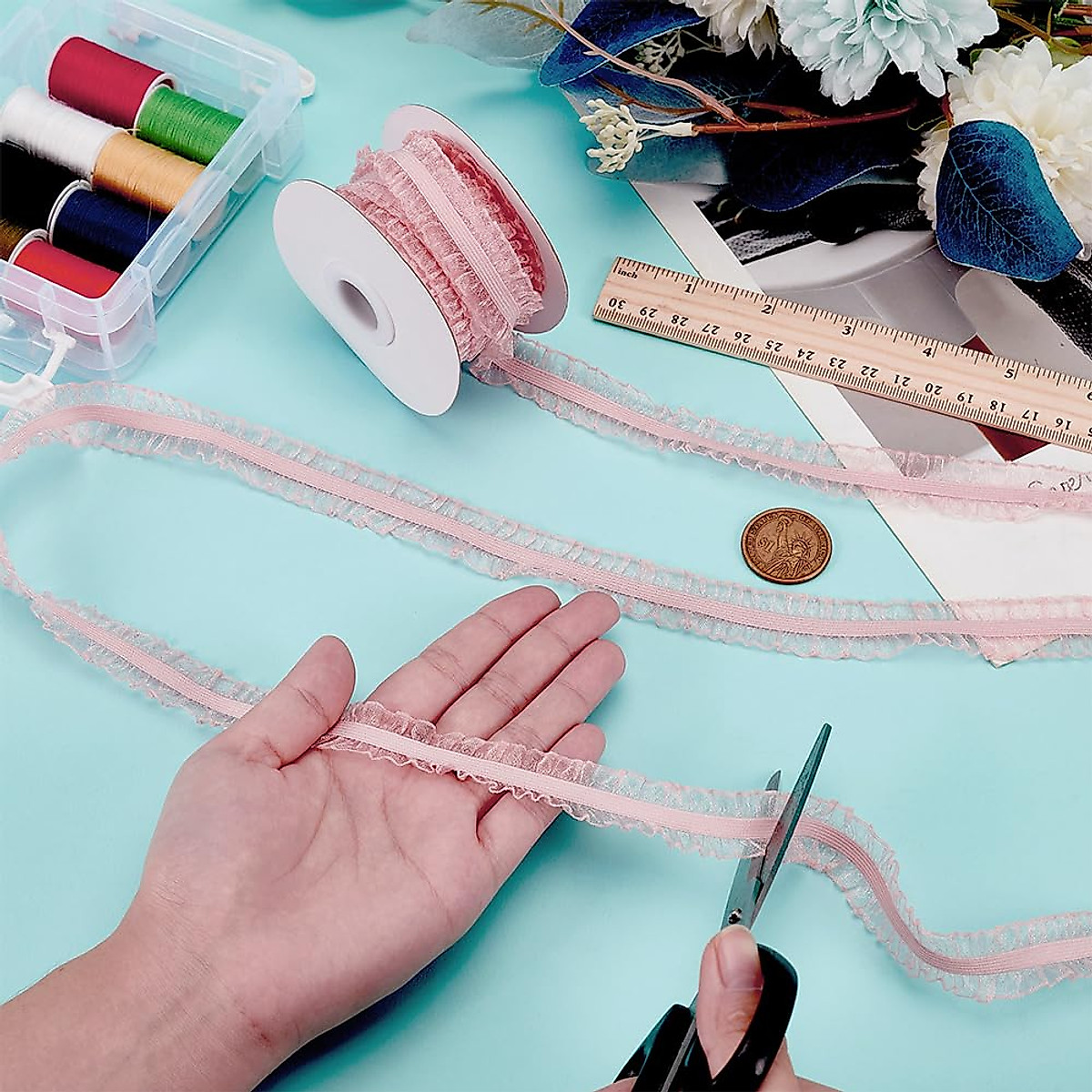 FINGERINSPIRE 10 Yards Double Ruffle Lace Trim Pink 3/4 inch Wide Ruffle Stretch Elastic Edging Trim Pleated Fabric Lace Ribbon for DIY Dress Headwear Decoration and Gift Wrapping