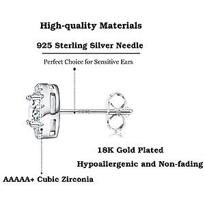 1-2 Pairs 925 Sterling Silver Mens Earrings Cubic Zirconia Halo Stud Earrings for Men 18K Gold Plated Heart/Round/Square Cut CZ Stud Earrings Set for Women Men
