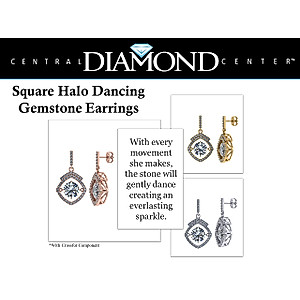 Central Diamond Center Square Halo Dancing Gemstone Dangle Earrings Sterling Silver with Pure Brilliance CZ, Platinum Plated