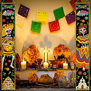Allenjoy Mexican Day of the Dead Porch Signs Hanging Wall Door Banner Skeleton Guitar Decorations Polyester Wrinkle Free Outdoor 11.8x70.9 Inch Home Decor Events Front Yard Party Supplies 2PCS