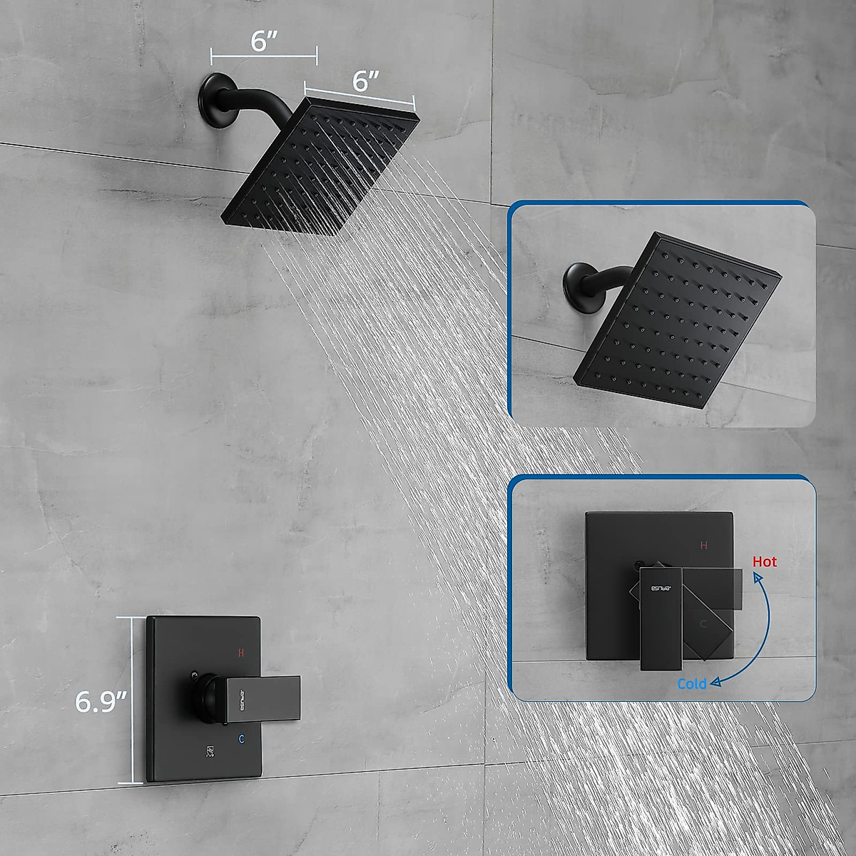 Esnbia Tub Shower Kit, Bathtub Shower Faucet Set（Valve Included) with 6-Inch Rain Shower Head, Single-Handle Shower Trim Kit, Matte Black