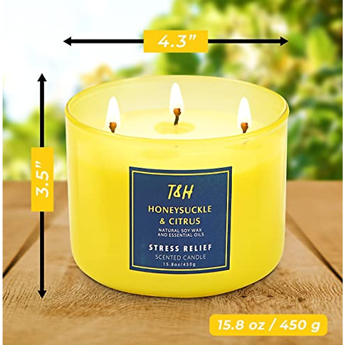 Large 3 Wick Scented Candle - Honeysuckle Citrus Stress Relief Aromatherapy Candle with Grapefruit, Mint & Rose - 15.8 oz Natural Soy Candles for Men and Women - Scented Spring Candles for Home