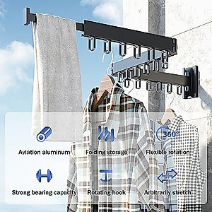 HEILAIYI Clothes Drying Rack,Laundry Drying Rack,Wall Mounted Clothes Rack,Laundry Rack Wall Mount,Folding Retractable Collapsible Drying Rack Clothing (Three-Poles,Loop Shape Hooks)