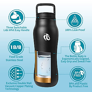 Beglad 24 oz Water Bottle Flask Jug, Vacuum Insulated Stainless Steel Water Bottle whit 3 Lids, Double Walled Metal Canteen Water Jug Thermo Mug, Hot Cold Water Bottles for Gym Travel Sports, Black