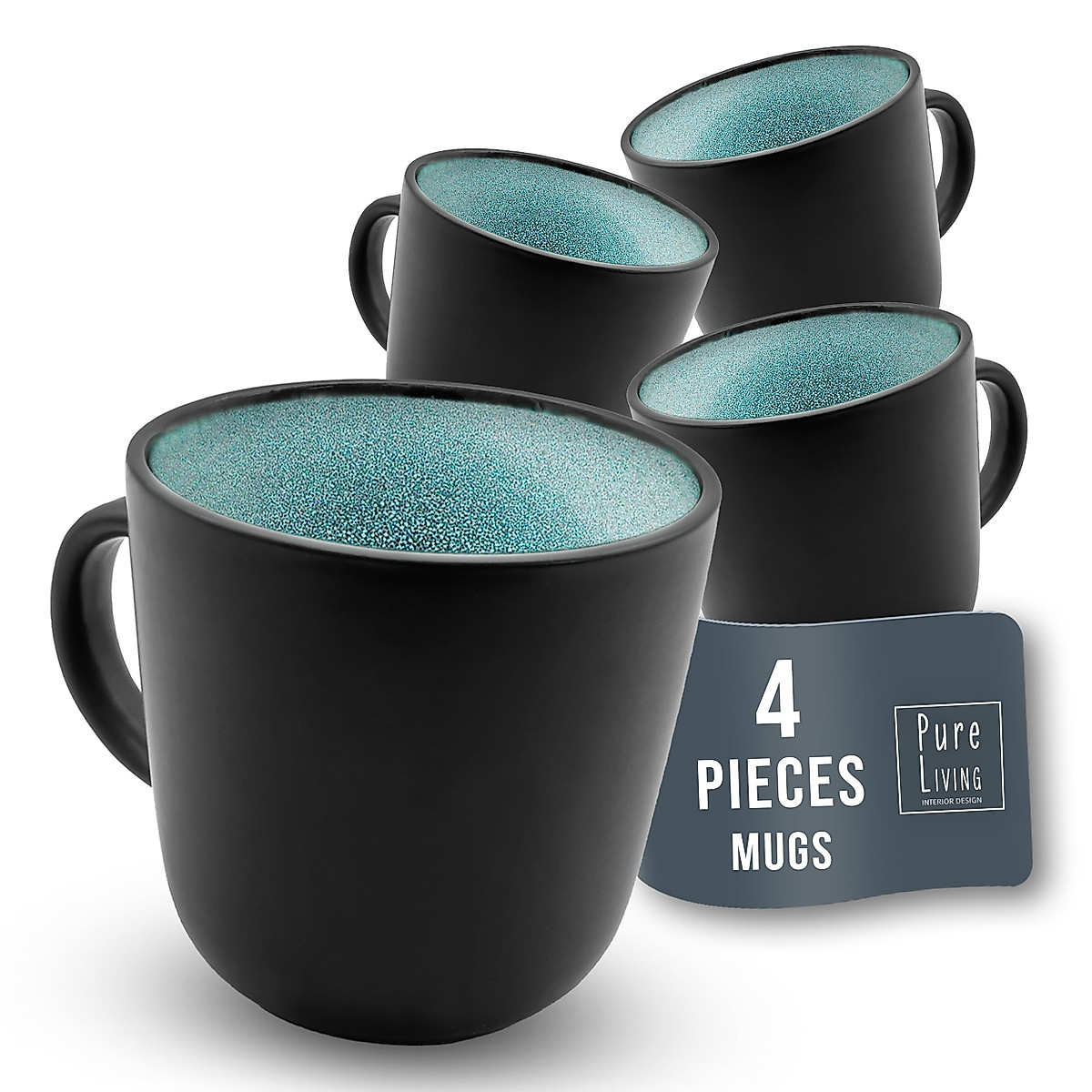 PURE LIVING INTERIOR DESIGN Stoneware Coffee Mugs Set of 4, Stylish Coffee Mug Set modern petrol-blue, 14.5 Oz Coffee Cups Ceramic, Dishwasher and Microwave Safe Mug, Ceramic Mug, Coffee Cup Set
