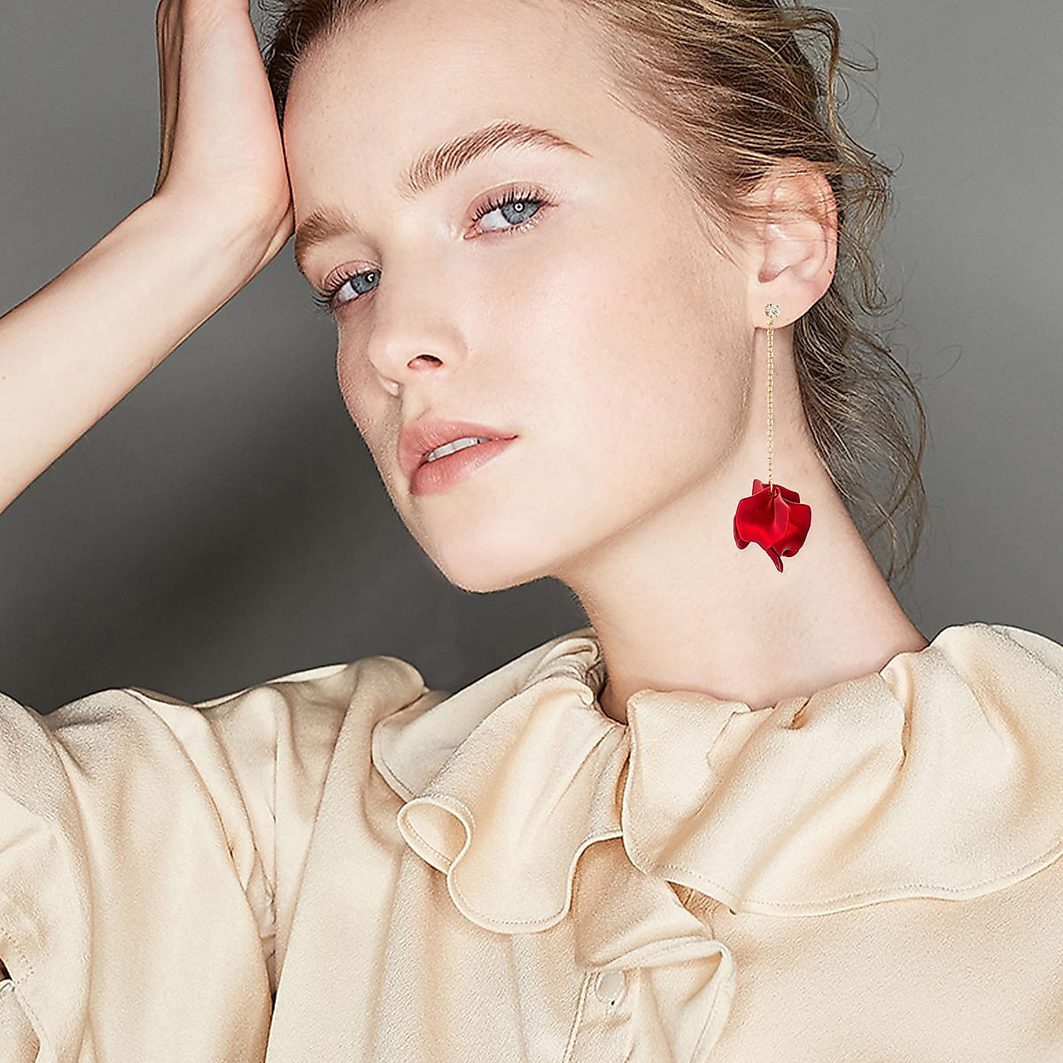 Just Follow Dangle Acrylic Petal Tassel Fringe Chain Earrings Long Drop Rose Flower Statement Earrings for Women With Box (Red)