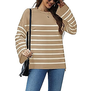 Disamer Women's 2025 Casual Oversized Sweaters Fall Clothes Trendy Long Sleeve Crew Neck Pullover Tunic Tops,Stripe Khaki,Large