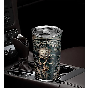 20oz Viking Celtic Warrior Skull Tumbler, Norse Mythology, Viking Gifts for Men, Coffee Thermos for Men, Stainless Steel Double Wall Vacuum Insulated Coffee Mug, Travel Cup with Lid