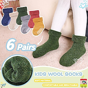 AMENLAN Baby Wool Floor Socks Soft Winter Warm Thick Non slip Toddler Boys Girls Crew Neck Socks 6 pairs (Solid Color B, 0-12 Months)