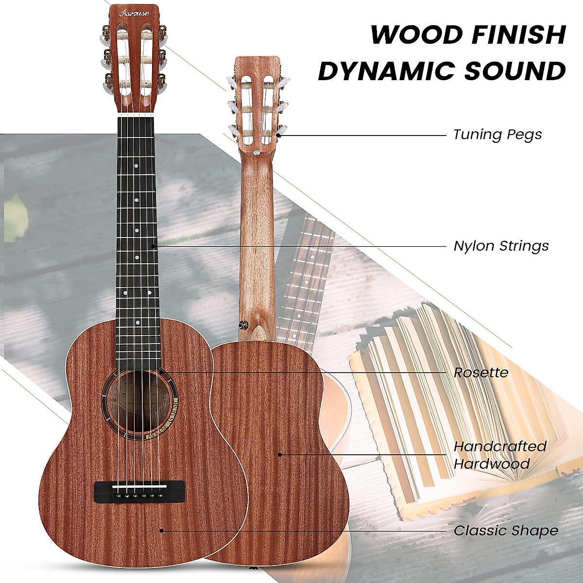 Asmuse 30" Classical Guitar, Soild Wood Beginner Acoustic Guitar Kit with Gig Bag, Extra Strings, Strap, Picks, Tuner (Natural)