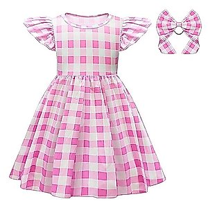 Fpoqbod Girls Pink Gingham Costume Dress Movie Cosplay Kids Party Halloween Fancy Plaid Dressess With Sweats (Pink, 8-9 Years)
