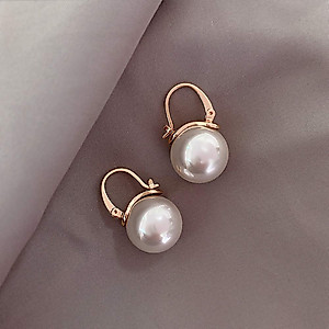 OwMell Elegant 925 Sterling Silver Pearl Drop Earrings Dangle Stud Gold Plated Earrings for Women Large Size 12mm - Gold