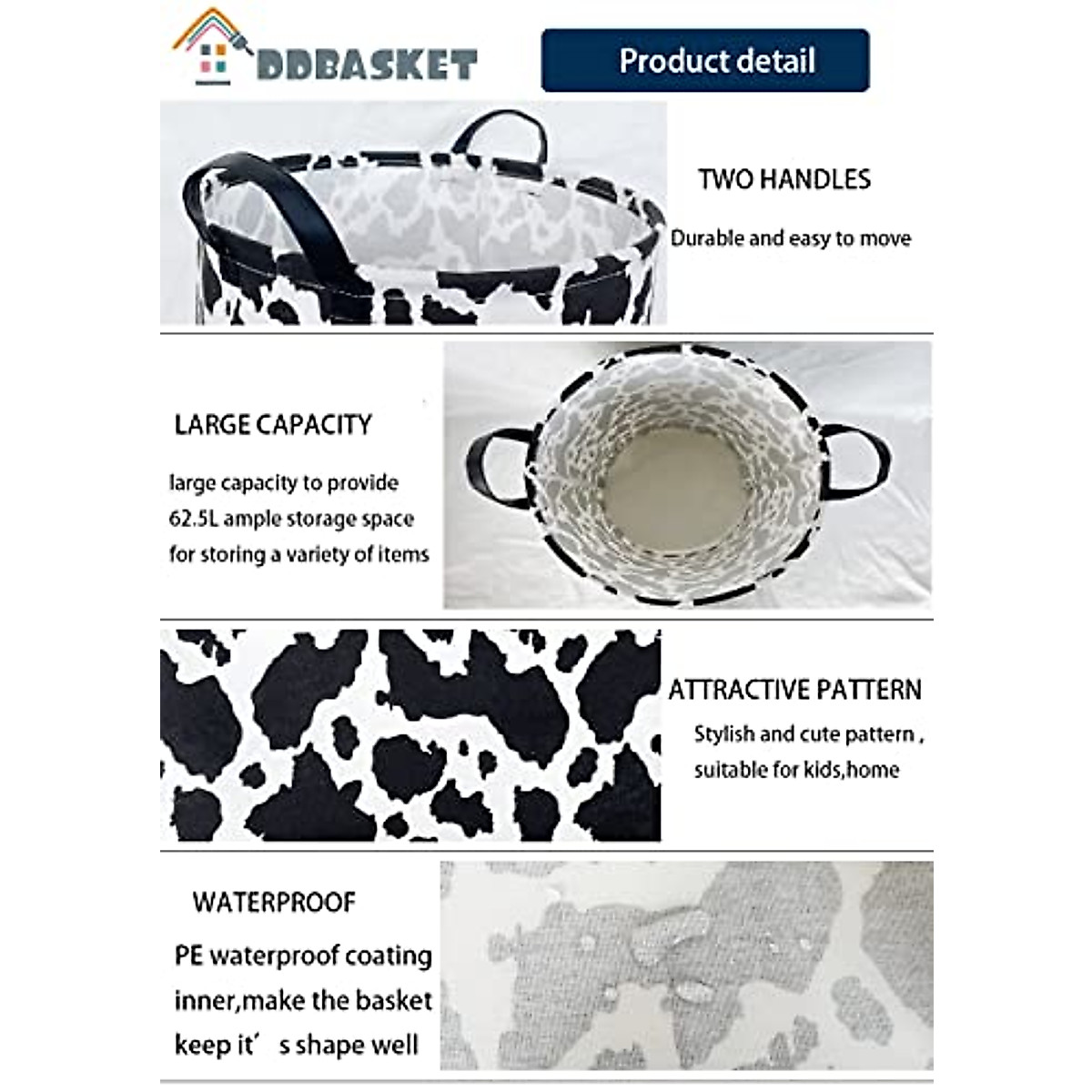 DDBASKET Cow Print Laundry Basket Baby Nursery Clothes Hamper Collapsible Toy Storage Bin Organizer with Handles for Kids,Boys and Girls Room Decor(Cow)
