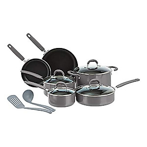 Amazon Basics Ceramic Non-Stick 12-Piece Cookware Set, Grey - Pots, Pans and Utensils