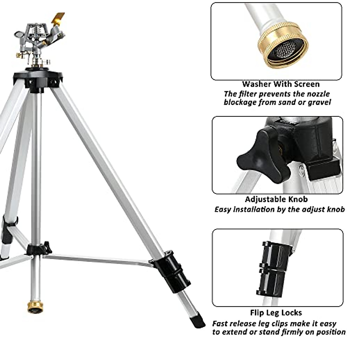 STYDDI Heavy Duty Impact Sprinkler on Tripod Base, Extra Tall Metal Pulsating Telescoping Tripod Sprinkler for Large Area, Yard, Lawn, Garden, Waters up to 90 Ft. Diameter, Legs Extends Up to 50-inch