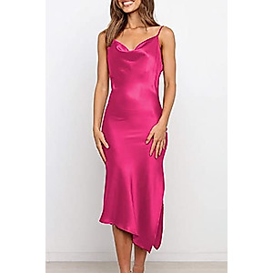 PRETTYGARDEN Women's Satin Dress Sleeveless Spaghetti Strap Side Slit Cowl Neck Midi Bodycon Dresses (Rose Red,Small)