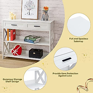 ALIMORDEN 3-Tier Narrow Console Table, 2 Drawers and 2 Storage Sofa Table Shelves for Hallway, Entrance, Living Room, White
