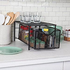 Mind Reader 'CABASKDR' Black Metal Mesh Storage Basket with Sliding Drawer and Steel Mesh Platform On Top