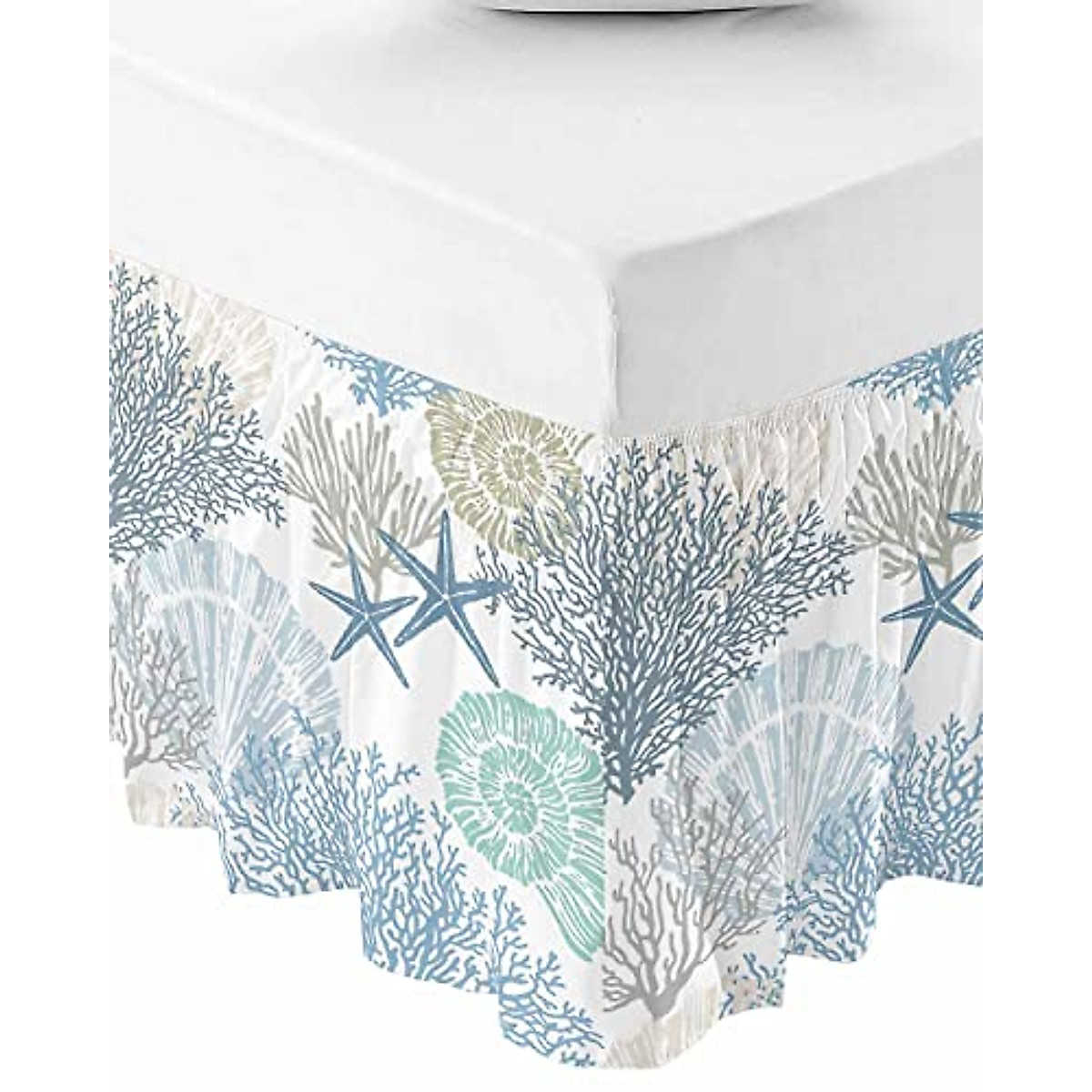 Coral Shell Starfish Bed Skirt Queen Size 18 Inch Drop, Adjustable & Elastic Wrap Around Bed Skirts Pleated Luxury Dust Ruffles for Twin Full Queen Cal King Base Bed, Summer Beach Ocean Sea Blue