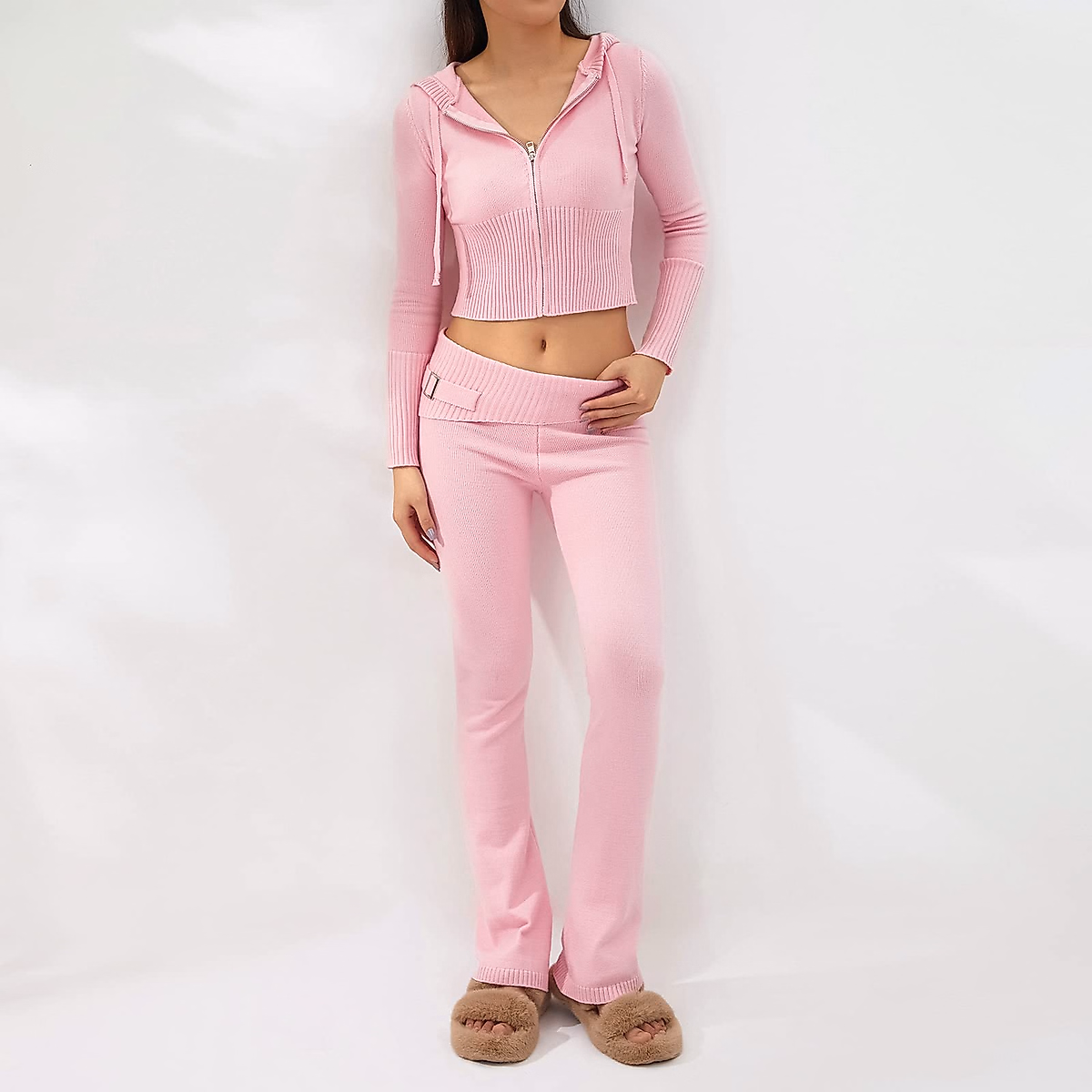 Women Knit Two Piece Set Y2k Long Sleeve Zip Up Crop Hoodie and Low Rise Flare Leggings Jogger Pants Set Loungewear (Pink, M)
