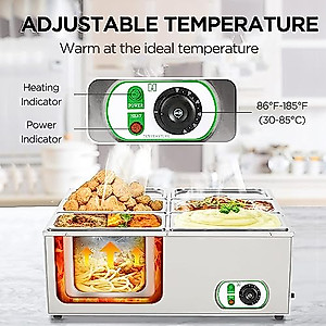 Cavlhils 3-Pan Commercial Bain Marie Buffet Steam Table Stainless Steel Food Warmer, 3x7QT 6" Deep 1500W Electric Countertop Warmers with 86-185°F Temp Control for Parties, Catering, Restaurant