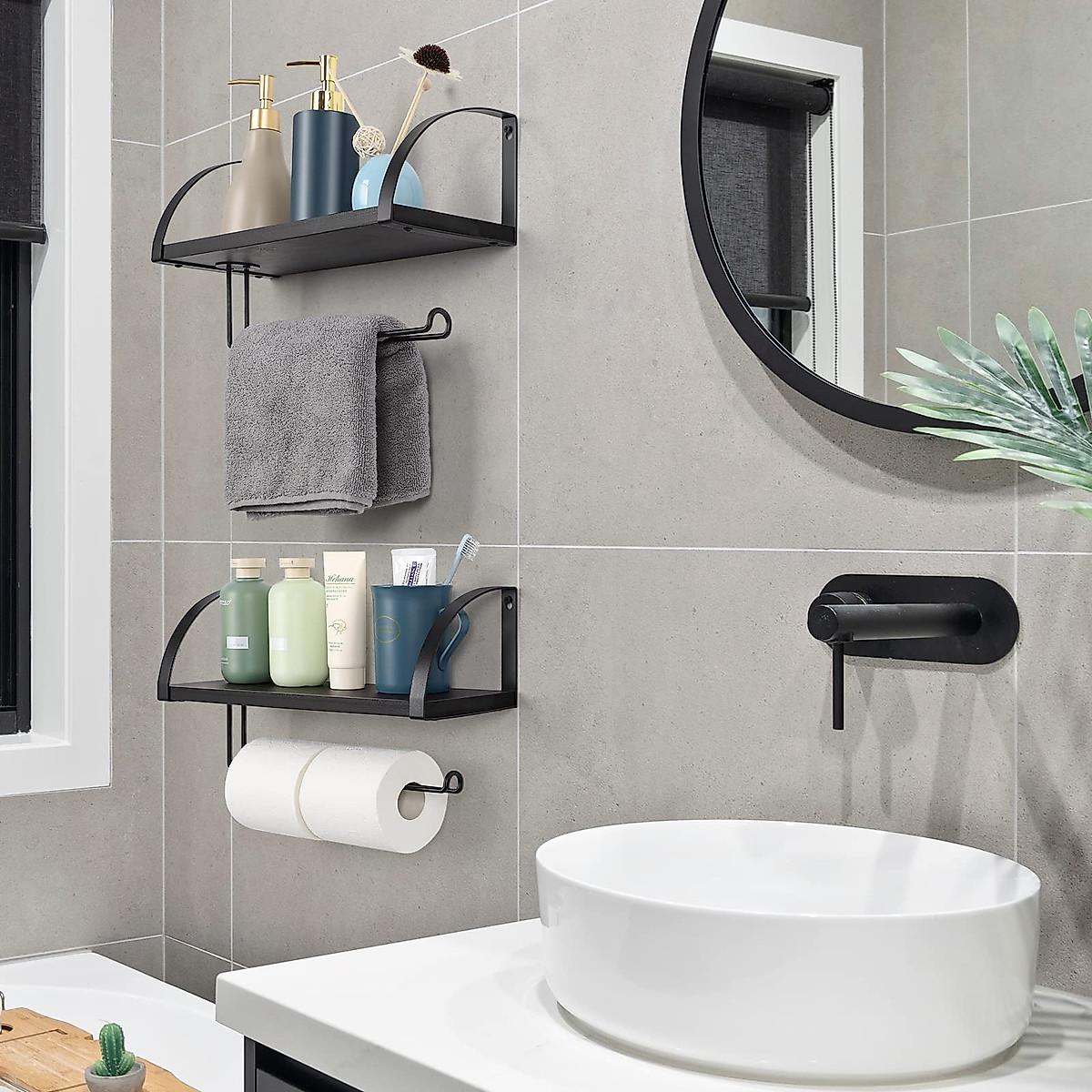 Paper Towel Holder Wall Mount with Shelf Industrial Pine Wood Paper Towel Roll Rack Under Cabinet Spice Rack for Kitchen Bathroom Hanging Paper Towel Holder - Matte Black