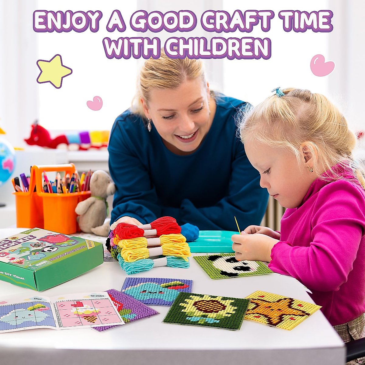 Caydo 8-in-1 Cross Stitch Kit for Beginners Kids, Includes 8 PCS Plastic Canvas with Pre-Patterns, 13 Colors Threads, Instructions, Embroidery Needles for Beginners Sewing