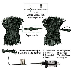 HOME LIGHTING 200 LED 66FT Christmas String Lights, Halloween Fairy Lights with 8 Lighting Modes, String Mini Lights Plug in for Indoor Outdoor Tree Garden Wedding Party Decoration, Green
