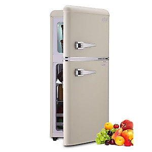 KRIB BLING Retro Refrigerator with Freezer 3.5 Cu.Ft with 7 Level Adjustable Thermostat Control 2 Door Energy Saving Top-Freezer Compact Refrigerator Cream