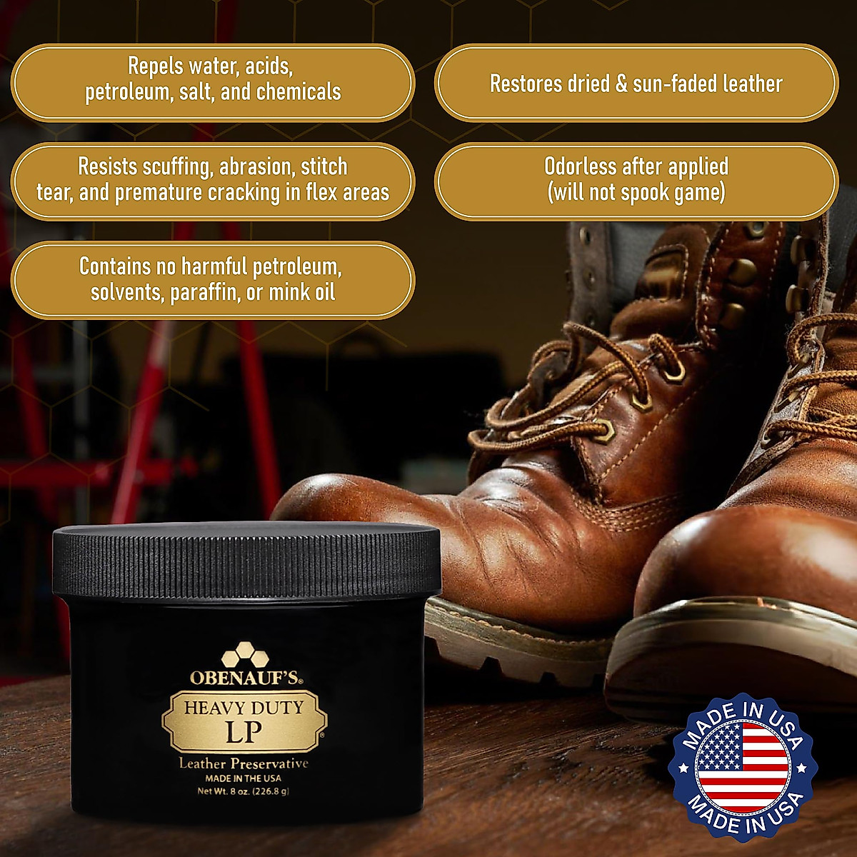 Obenauf's Heavy Duty LP Leather Preservative (8oz)- All Natural Beeswax Oil Conditioner- Rejuvenate Restore & Preserve Sunfaded or Cracked Boots Jackets Saddles Car Auto Upholstery Furniture- USA Made