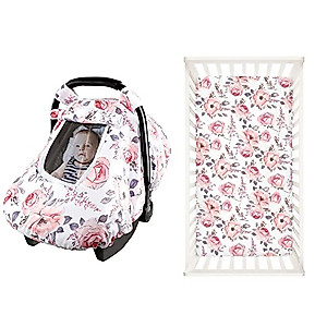 Baby Car Seat Cover and Crib Sheet, Winter Carseat Cover Girls, Floral Crib Fitted Sheet, Pink Flower