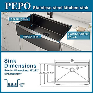 PEPO Workstation Apron-Front Kitchen Sink 36 Inch Gunmetal Black Farmhouse Undermount Sink, 16 Gauge 10 inch Deep Single Bowl Farm Sink with Accessories Kit