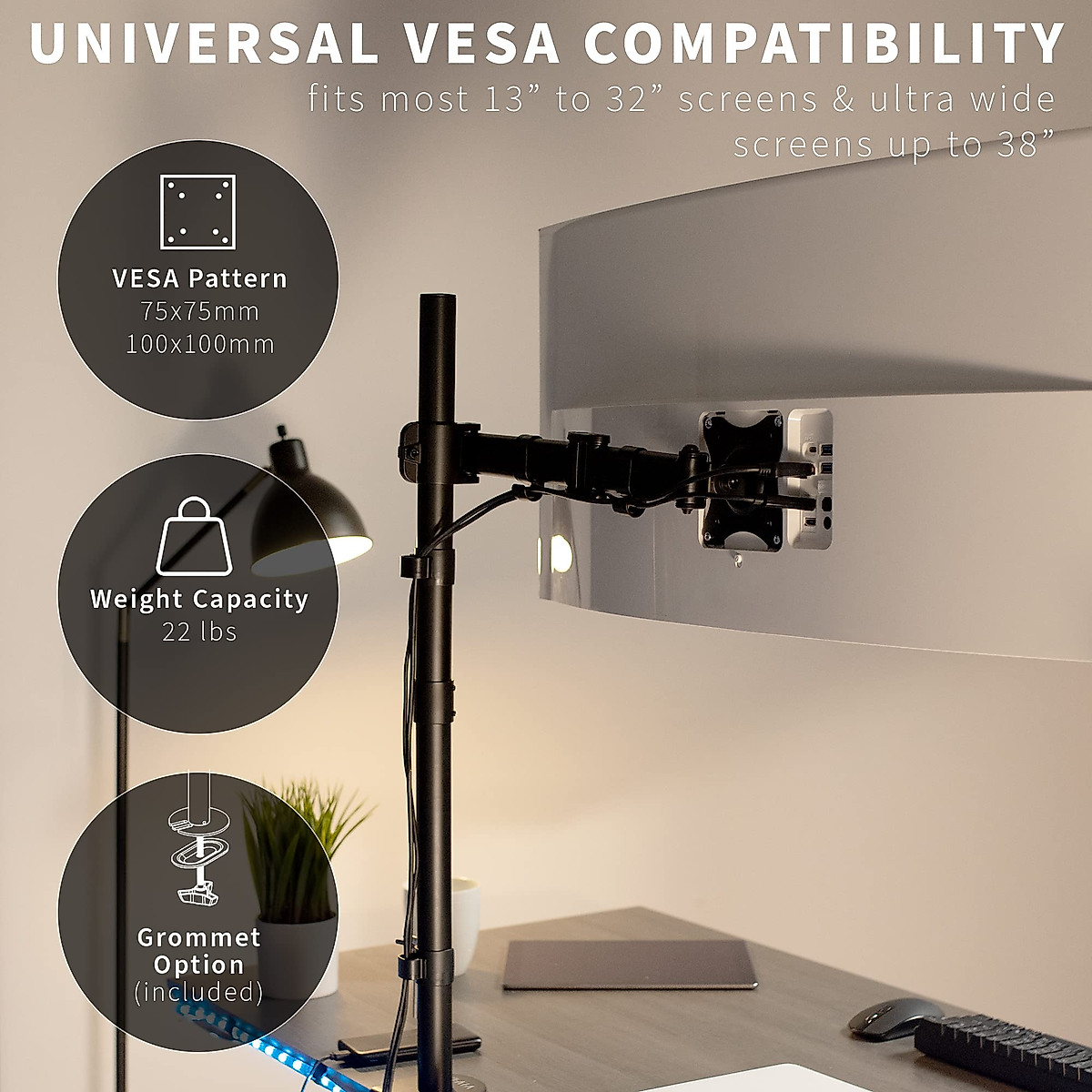 VIVO Single Monitor Desk Mount, Extra Tall Fully Adjustable Stand for 1 LCD Screen up to 32 inches, Ultra Wide Screens up to 38 inches, 22 lbs Capacity, STAND-V001T