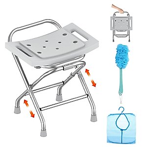 UGarden Height Adjustable Folding Shower Chair Seat, Stainless Steel Shower Chair for Inside Shower w/Crossbar, 400LB Portable Travel Shower Stool, Safety Anti-slip Bath Chair for Seniors, Adults,Gray